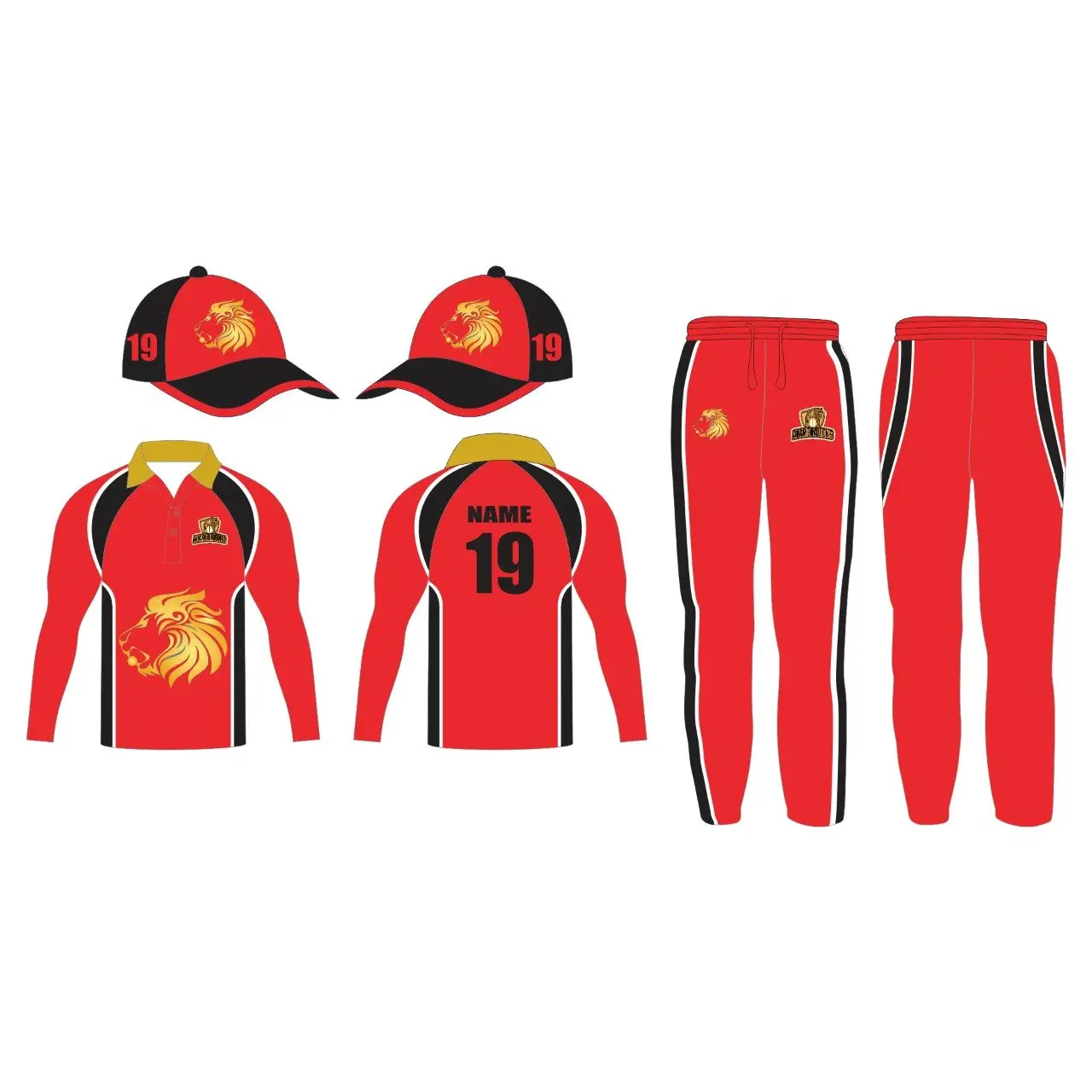 Cricket Uniform Kit Red Color Customized With Name Number Logo 3 Piece ...